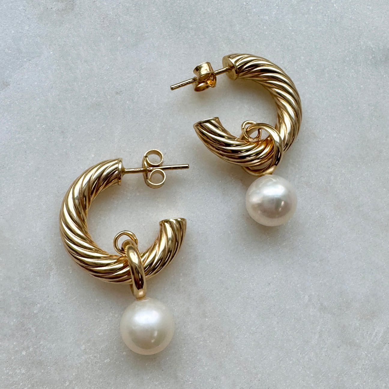 14K Gold Pearl Drop charmed Twist Hoops – Baby Gold