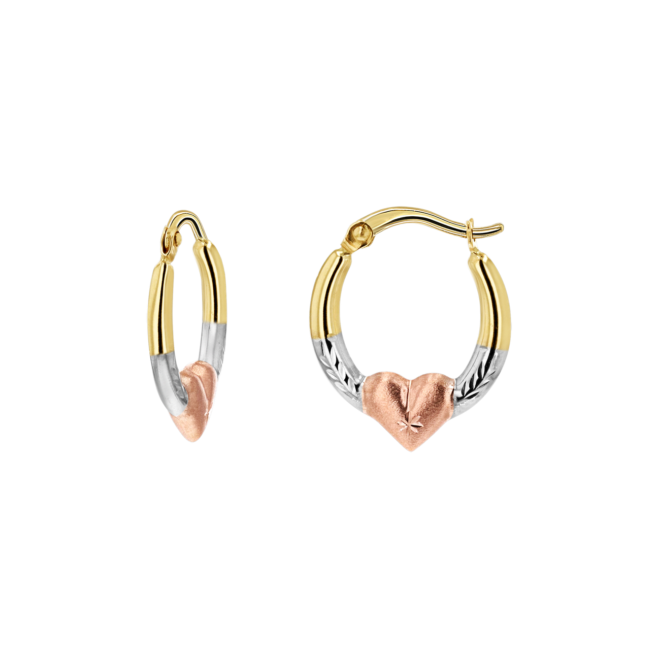 14K Gold Tri-Color Puff Heart Hoops Earrings – Baby Gold